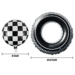 10Pcs Car Party Decoration Inflatable Tires Balloons Favors All-in-One Pack Party Supplies Include Balloon,Tire Swimming Ring,Ribbon Decorations Birthday Fit for Boys Birthday Gift