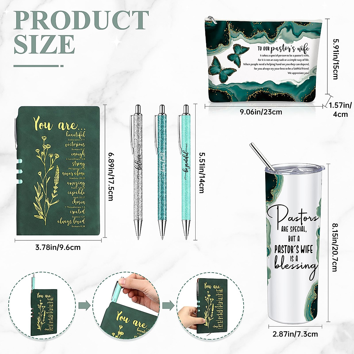 Watersay 6 Pcs Pastor's Wife Appreciation Gifts 20oz Marble Tumbler Makeup Bag A6 Journal Ballpoint Pens Christmas Inspirational Christian Gifts for Pastor and Pastor's Wife Women Godmother(Green)