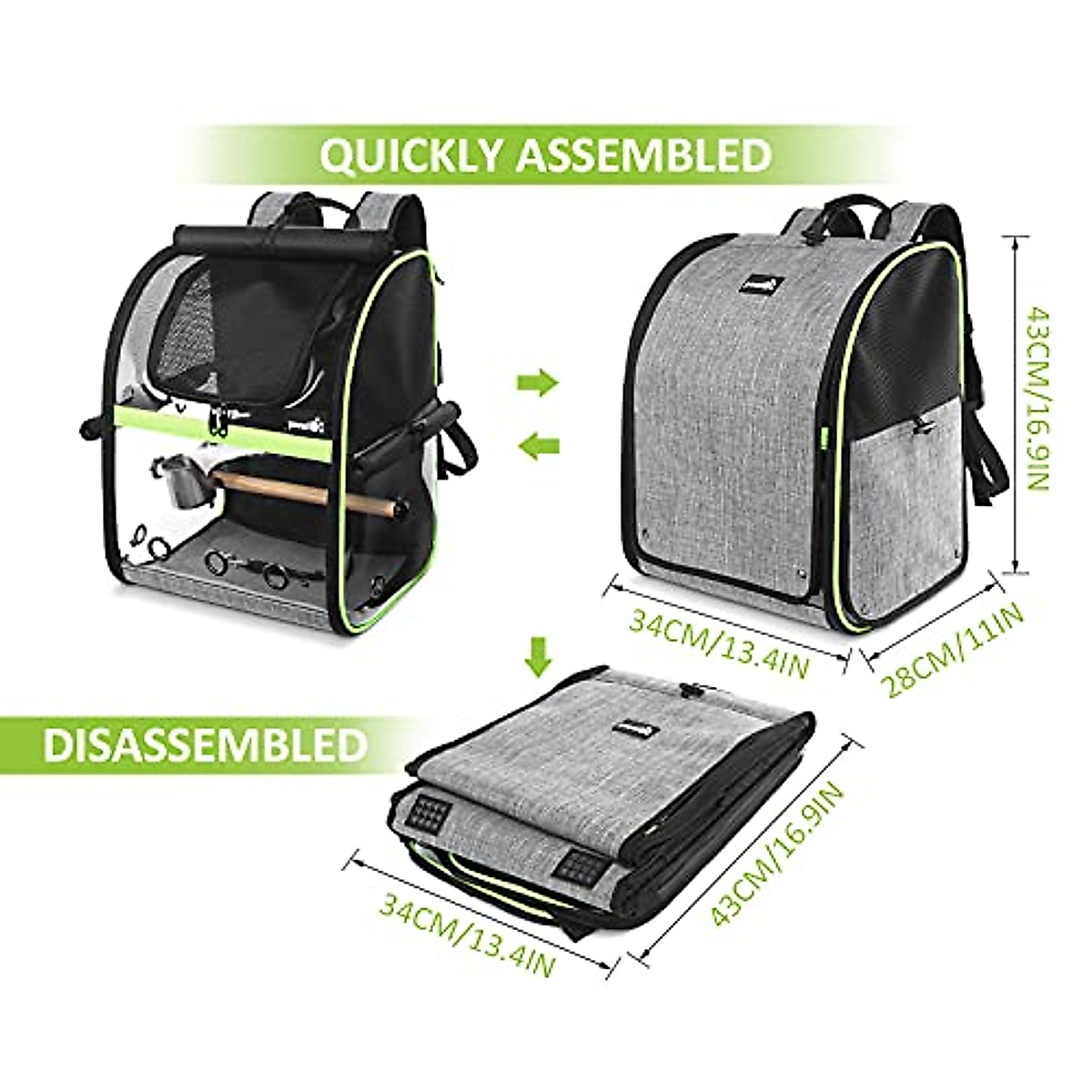 Pecute Bird Carrier Backpack, Parrots Bird Backpack with Visible Window, Adjustable Height Standing Perch, Feeding Cans, Waterproof Pads, Lightweight Foldable Birds Travel Cage for Hiking Camping