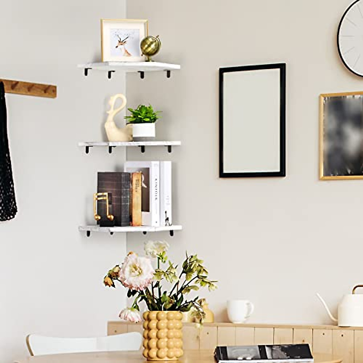 SEHERTIWY Corner Floating Shelves for Wall, 5 Tier Rustic Wall Shelves Corner Storage Shelves Small Shelf White Floating Shelves for Bedroom, Living Room, Bathroom, Kitchen