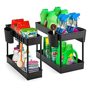 Under Sink Organizers and Storage, 2 Tier Under Sink Organizer with 8 Hooks, Under the Sink Organizer Kitchen, Cabinet Organizers and Storage for Bathroom Kitchen Cabinet Organizer (Black,2 Pack)