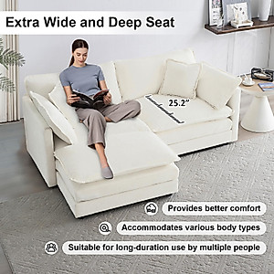 Linyuanwai Chenille 4-Seater Sofa Couch, Comfy Oversized Cloud Couch with Deep Seat and 6 Pillows Lounge Upholstered Large Sofa for Living Room Bedroom Office Apartment (White)