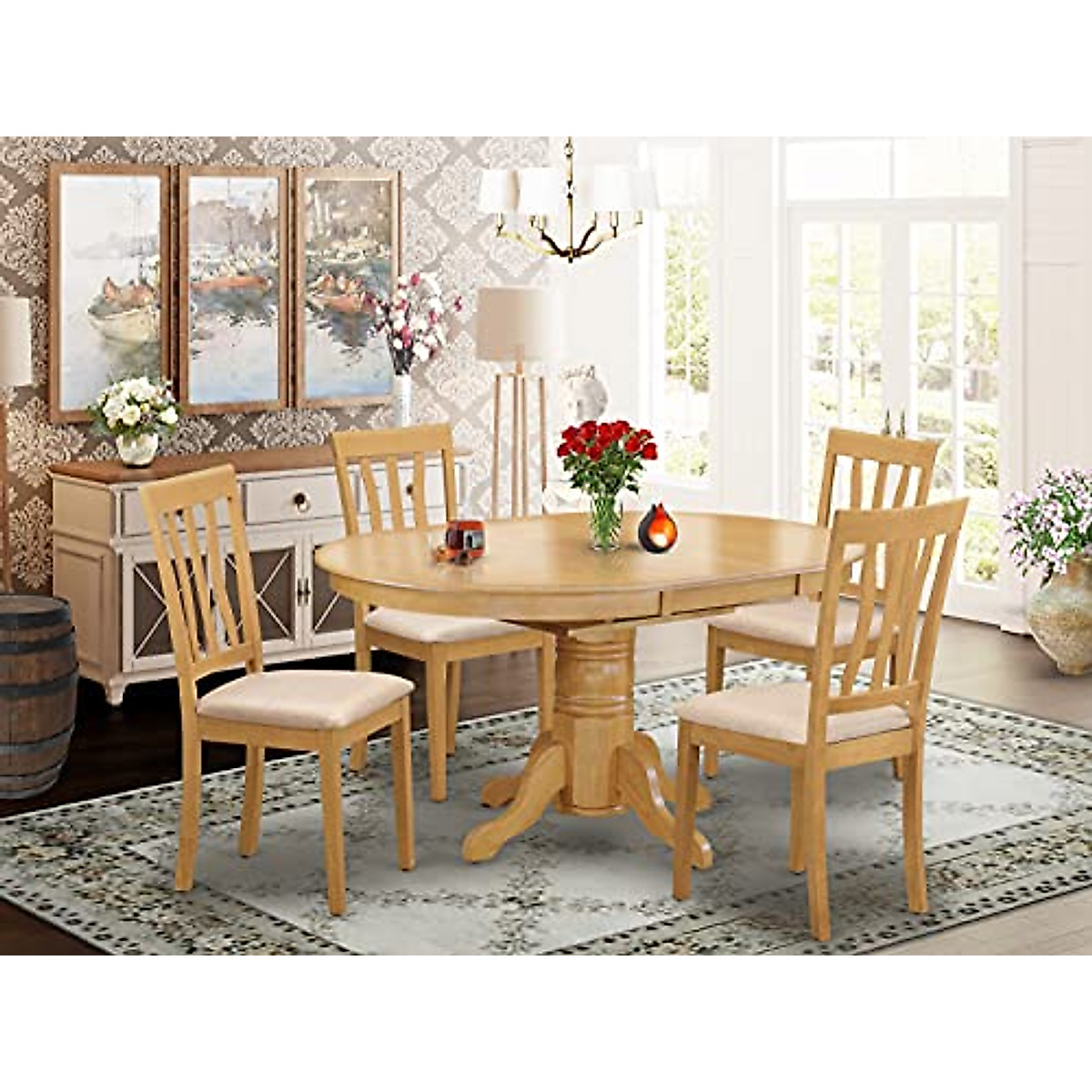 5 Piece Kitchen Table Set for 4 Includes an Oval Dining Table with Butterfly Leaf and 4 Linen Fabric Dining Room Chairs