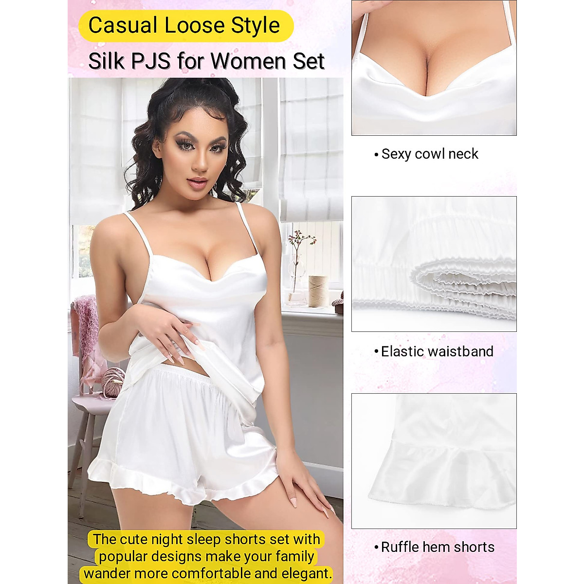 Kwunbwa Women's Silk Satin Pajama Set Cowl Neck Cami Top and Shorts Sexy Lounge Sleepwear, White, XX-Large