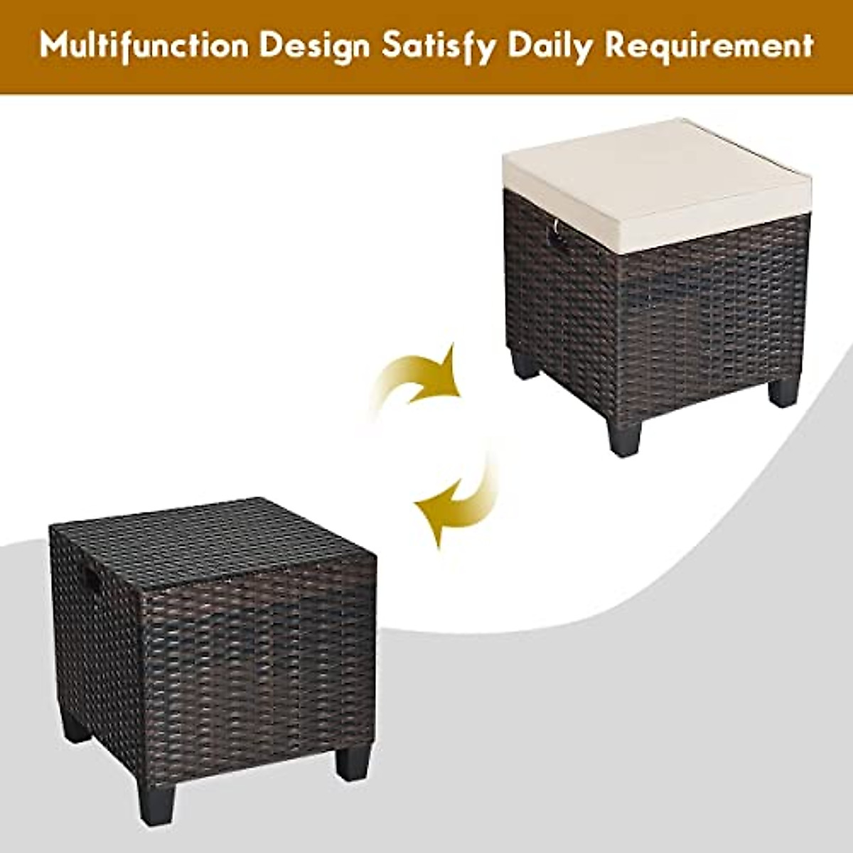 Tangkula 2 Pieces Outdoor Patio Ottoman, All Weather Rattan Wicker Ottoman Seat, Patio Rattan Furniture, Outdoor Footstool Footrest Seat w/Removable Cushions (Cream)