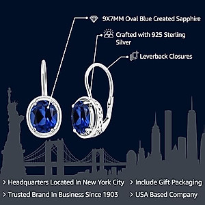 Gem Stone King 925 Sterling Silver Blue Created Sapphire Dangle Earrings For Women (4.60 Cttw, Oval 9X7MM)