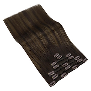 Sunny Hair Clip in Hair Extensions Straight Human Hair Clip in Extensions Remy Clip in Hair Extensions Real Human Hair Extensions Clip ins Dark Brown Ombre Medium Brown Balayage 18inch