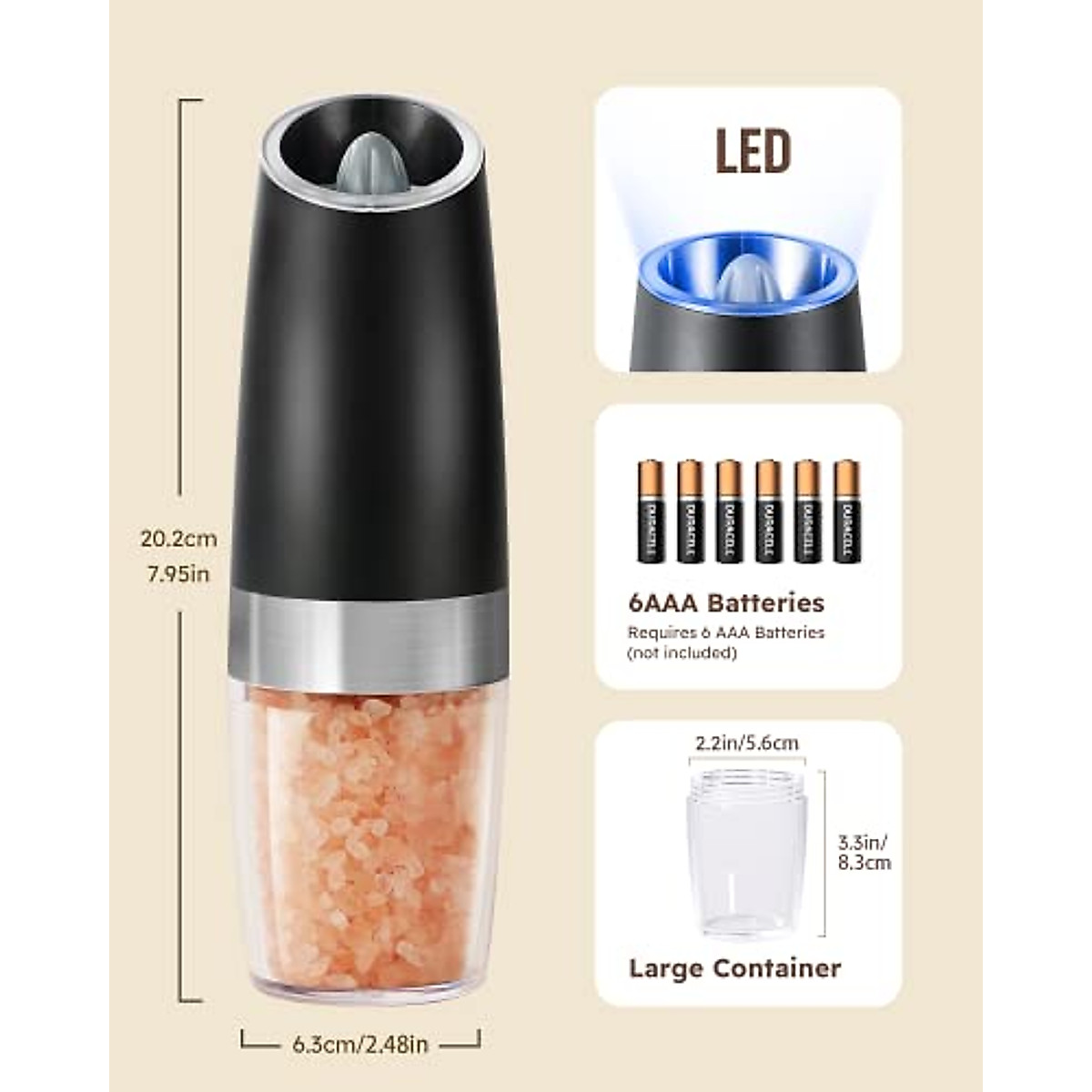 Gravity Electric Pepper and Salt Grinder Set, Sangcon Automatic Pepper and Salt Mill Grinder Battery Powered with LED Light, Adjustable Coarseness, One Hand Operation, Upgraded Larger Capacity, 2 Pack