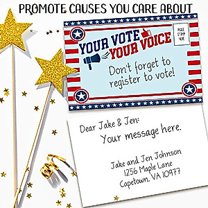 Vote Postcards Bulk - Your Vote Your Voice - Set of 100 4x6 Standard Size - American Flag Patriotism Print, Great Election Supplies, Fun and Eye-Catching Design Postcards for Family and Friends