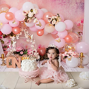 Bellicremas Butterflies Gold Pink First Birthday Photography Background Princess Theme Flowers Pink Carriage Girls 1st Birthday Backdrop One Year Old Cake Smash Banner
