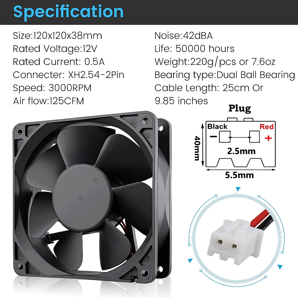 Wathai 120mm x120 x 38mm 12V 2Pin Dual Ball 12cm Industrial Cooling Fan High Airflow