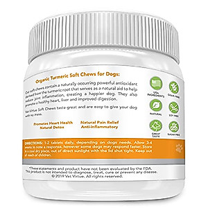 VET-VIRTUE Turmeric for Dogs - Organic Turmeric with Curcumin, Hip and Joint Supplement Dogs Soft Chew, with Collagen and Bioprene, High Absorption Eliminates Joint Pain Inflammation - 60 Count