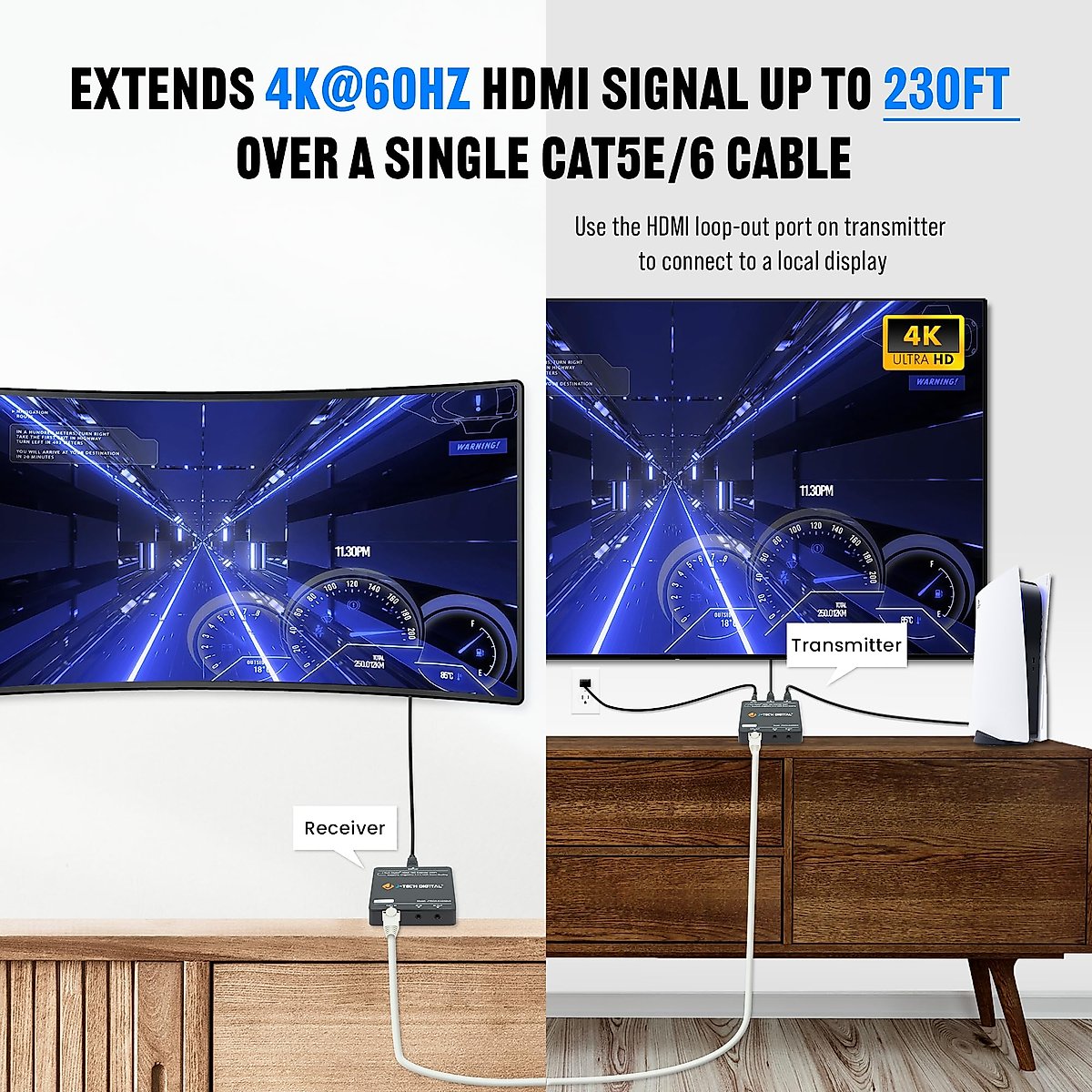 J-Tech Digital HDMI Extender 4K 60Hz Over Cat5e/6 Ethernet Cable Up to 230ft. Supports 4K Downscale HDMI Loop Out PoC HDR Bi-Directional IR [JTECH-EX230V2]