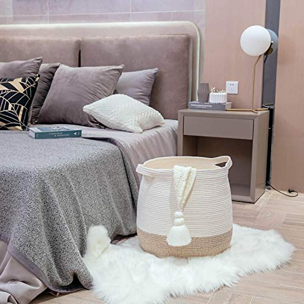 MINTWOOD Design Large 17 x 17 Inches Decorative Woven Cotton Rope Blanket Basket for Living Room, Laundry Basket Hamper, Storage Baskets with Handles for Toys, Throws, Pillows, Towels, Shoes, Brown