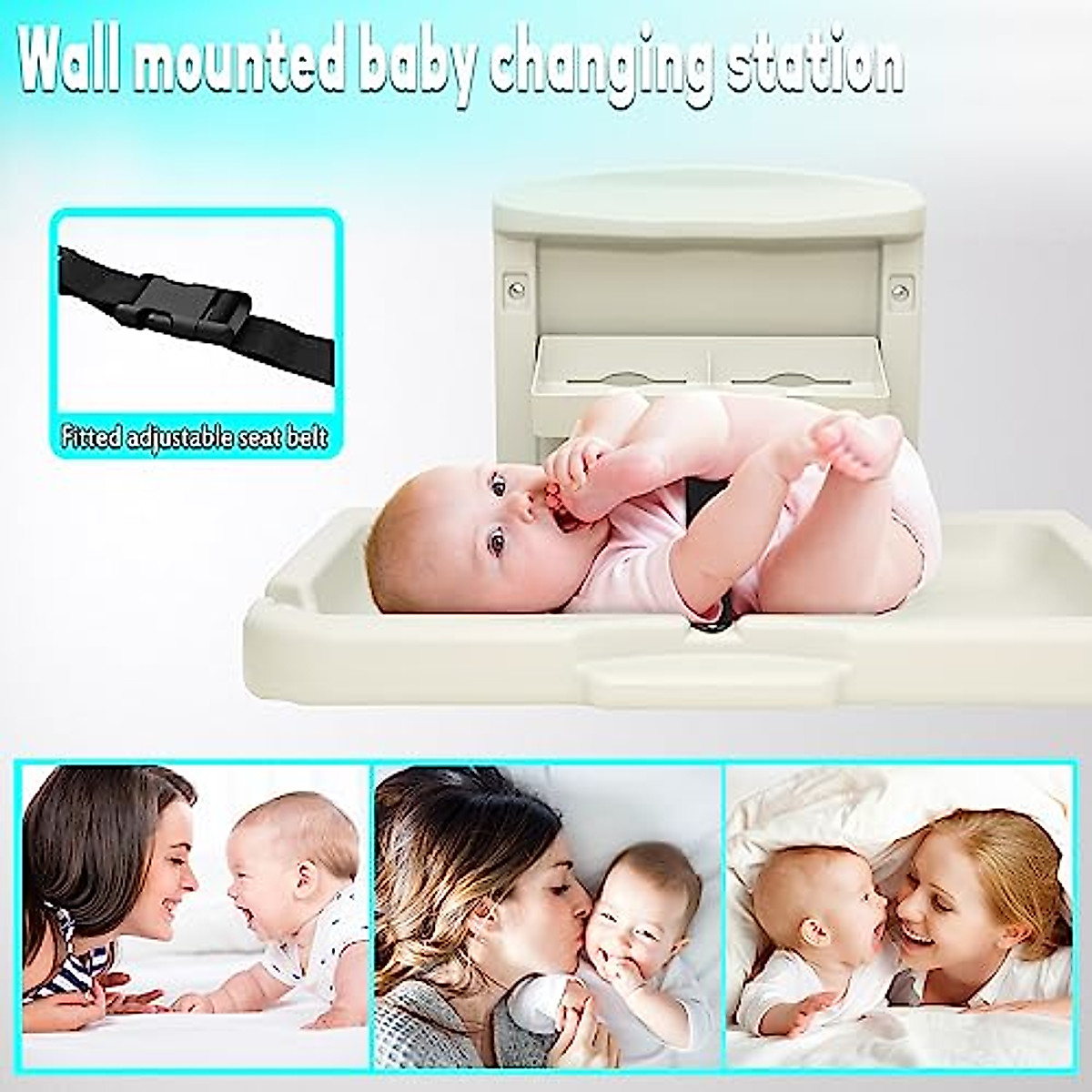 Wall Mount Baby Changing Station in Commercial Bath, Wall Mounted Diaper Changing Table with Seat Belt, Foldable Baby Changing Diaper Station,Diaper Changing Wall for Household and Commercial Bath