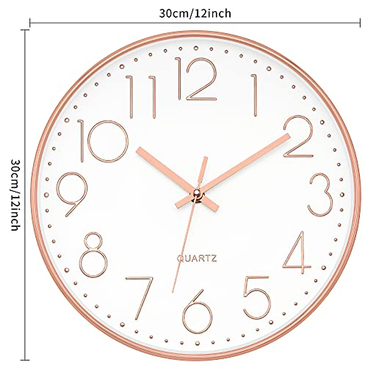 Foxtop Modern Wall Clock 12 Inch Non-Ticking Silent Battery Operated Round Quartz Rose Gold Wall Clock for Office Bedroom Living Room Kitchen Home School Decor
