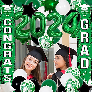 Graduation Decorations 2023 Green Black Graduation Party Supplies 2023 Congrats Grad Porch Sign Green Black 2023 Graduation Balloons Kit 2023 Graduation Party Decorations