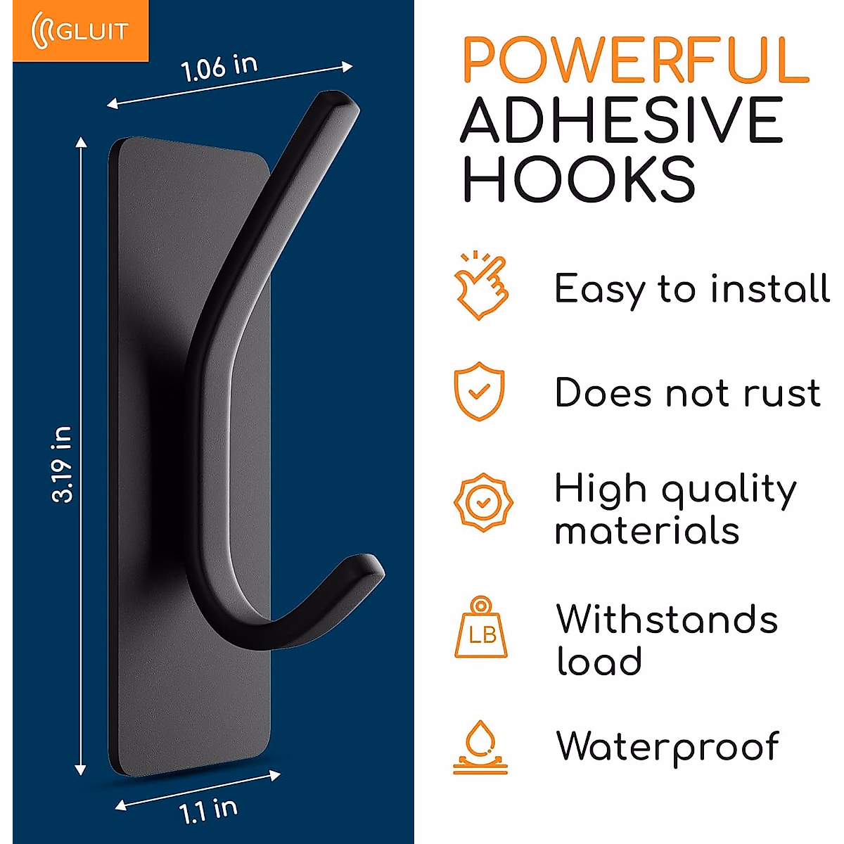 GLUIT Adhesive Towel Hooks for Bathroom Wall Hooks for Hanging Heavy Duty Coat Rack Sticky Hanger for Door Holder Durable Stainless Steel Dark Black- 2 Pack