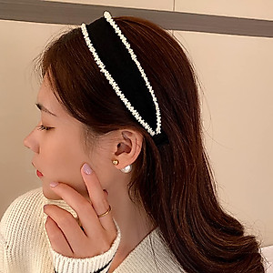 Wiwpar Wide Beaded Headband Simple Beads Headpiece Beaded Hair Hoop Elastic Hair Band Black for Women and Girls