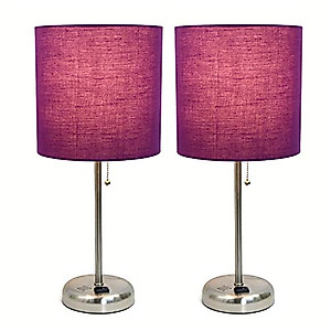 Limelights LC2001-PRP-2PK Brushed Steel Stick Lamp with Charging Outlet and Purple Fabric Shade 2 Pack Table Desk Lamp Set