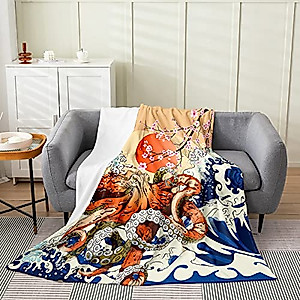 Japanese Ukiyoe Theme Flannel Fleece Throw Blanket,All Season Octopus Ocean Kraken Print Bed Blanket Japanese-Wave Floral Fuzzy Blanket for Bed Sofa Couch,Bedroom Decor Plush Blanket Throw 50"x60"