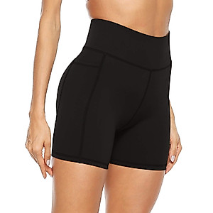 AFITNE Yoga Shorts for Women with Pockets High Waisted Printed Workout Athletic Running Shorts Biker Spandex Gym Fitness Leggings Black - M