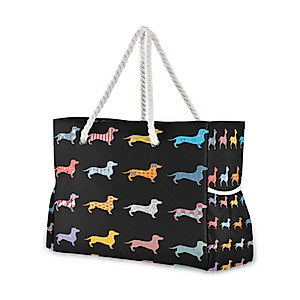 ALAZA Black Dachshund Puppy Animal Dog Tote Bag Beach Large Bag Rope Handles for Shopping Groceries Travel Outdoors