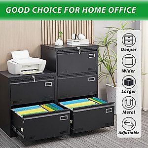 Nanberone Lateral File Cabinet, 2 Drawer Metal Lateral Filing Cabinet Hanging File with Lock for for Legal/Letter/F4 Size, Large Printer Stand Lockable File Cabinets for Home Office School, Black