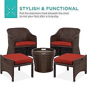 Best Choice Products 5-Piece Outdoor Patio Furniture Set, No Assembly Required Wicker Conversation Bistro & Storage Table for Backyard, Porch, Balcony w/Space-Saving Design - Brown/Red
