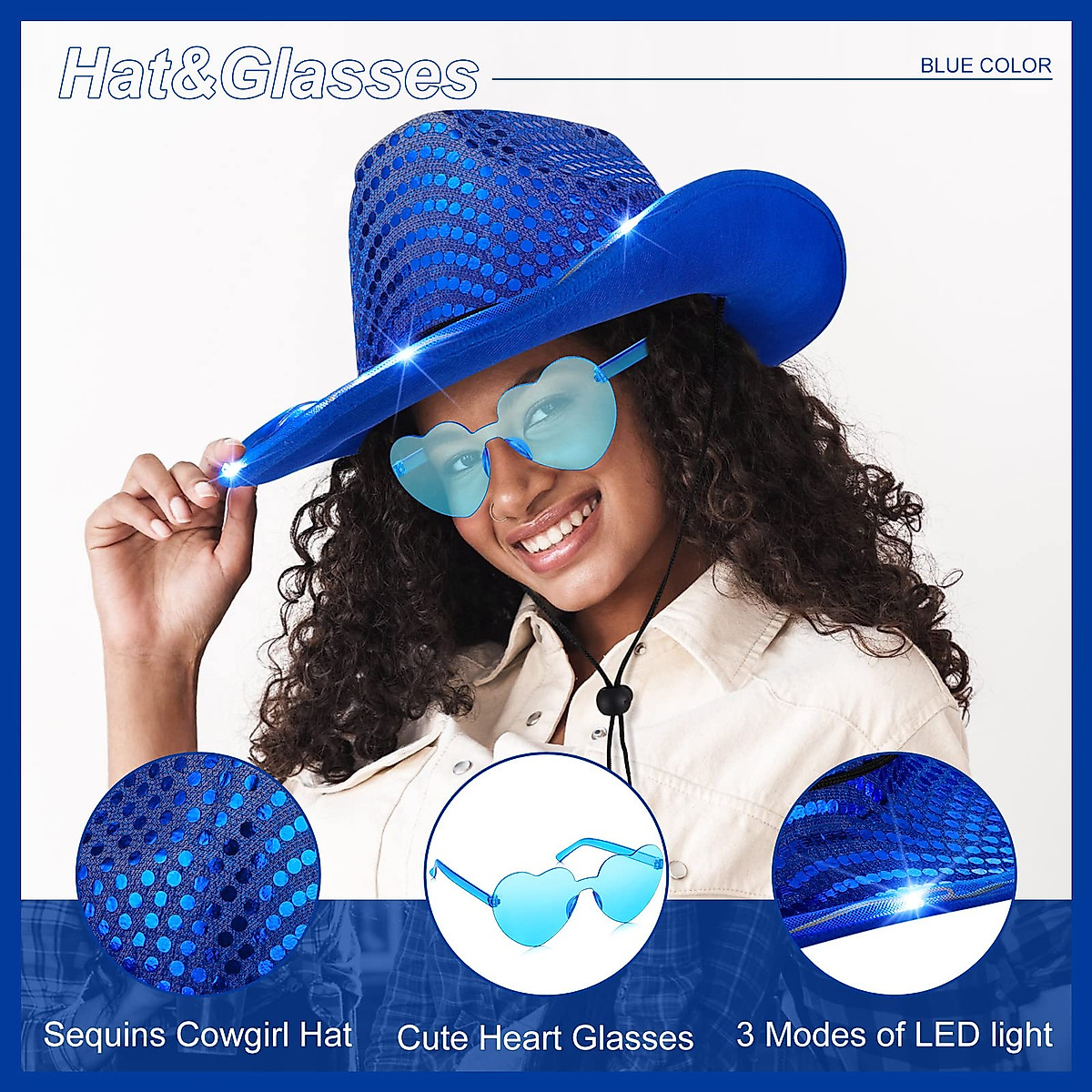 Zhanmai 3 Pack Lights Cowboy Hat LED Light up Sequins Cowgirl Hat and Heart Glasses Set for Flashing Retro Party Accessories(Blue)