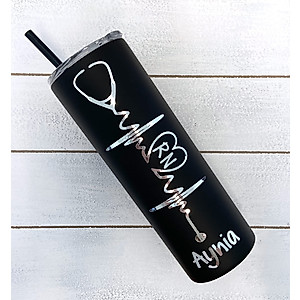 Heartbeat Nurse's Personalized 20 oz Stainless Steel Skinny Tumbler with Custom Stethoscope Vinyl Decal by Avito - Includes Straw and Lid - Nurse RN,CNA - Nurse Gift