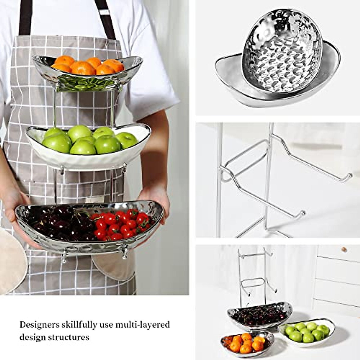 Acliys Fruit Bowl, 3 Tier Ceramic Fruit Basket, 3 Tier Serving Stand Serving Bowl with Metal Rack, Porcelain Kitchen Bowls for Fruit Vegetable Storage Snack Nuts Dessert Cake Tray for Party Wedding