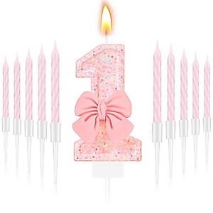 MTLEE Number Birthday Candle Girls Pink Bow Glitter Happy Birthday Number Candle with 10 Long Thin Cupcake Candle Bowknot Cake Topper Decorations for Wedding Anniversary Princess Theme Party(1st)