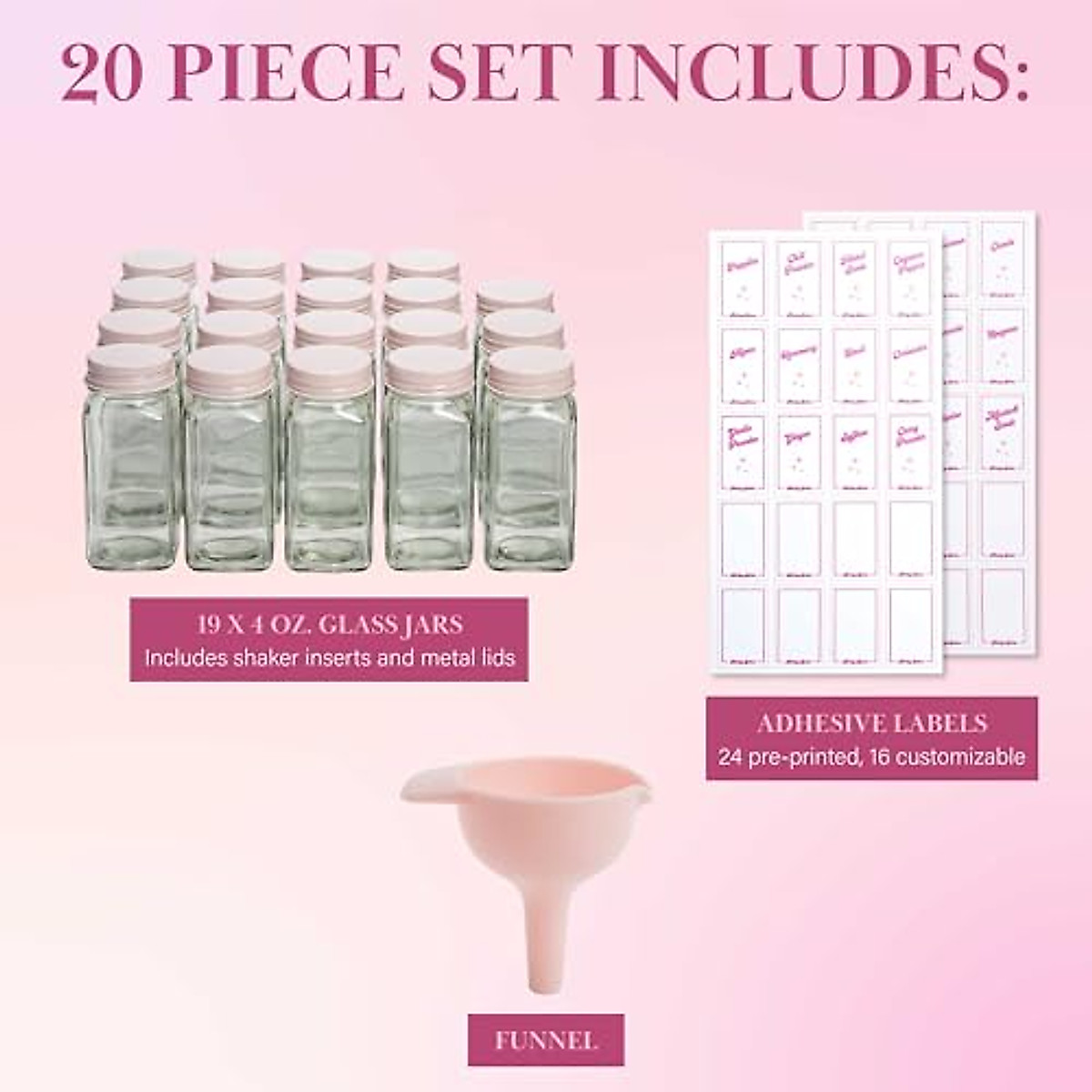 Paris Hilton Glass Spice Jar Storage Set, 4-Ounce Empty Spice Jars with Labels, Shaker Caps and Metal Lids, Collapsible Funnel Included, 20-Piece, Pink