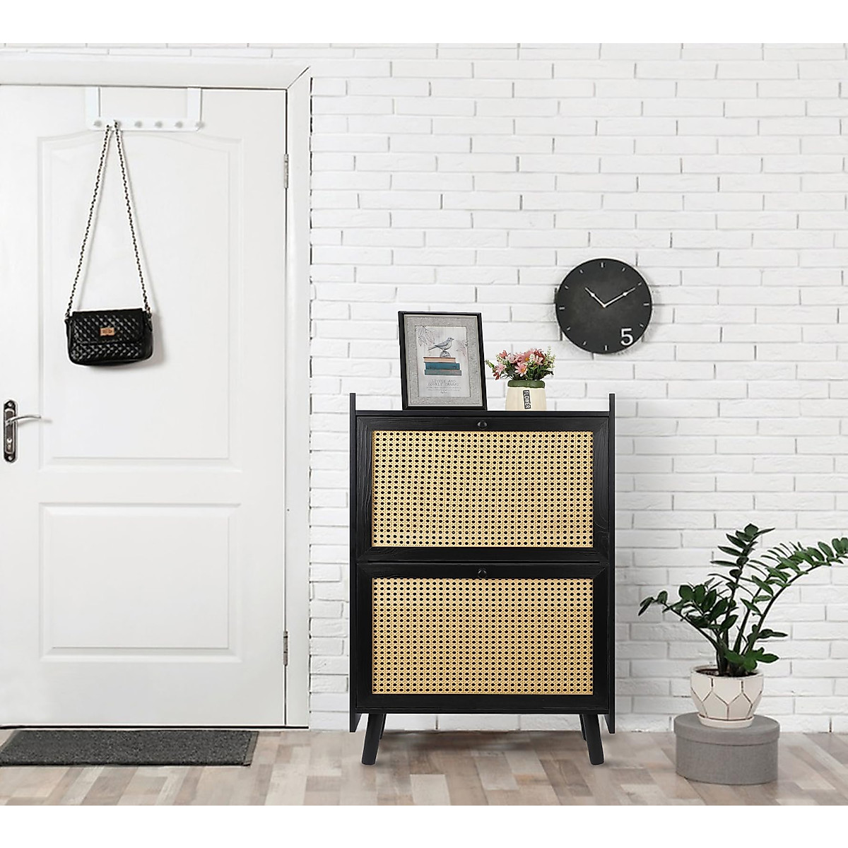 ZYBT Black Shoe Storage Organizer for Entryway, Rattan Shoe Storage Cabinet, 2 Flip Drawers Shoe Organizer Slim Wooden Shoe Rack for Door, Free Standing Shoe Racks for Entryway