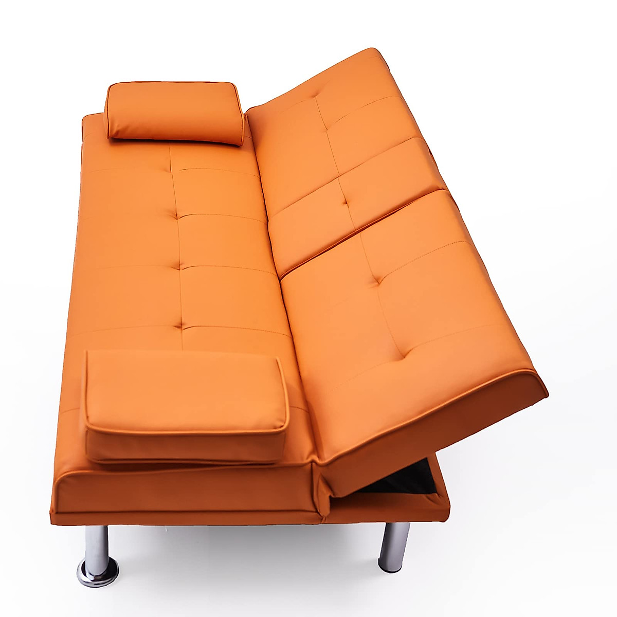 TMEOSK Faux Leather Upholstered Modern Convertible Folding Futon Sofa Bed with 2 Cup Holders, Adjustable Sofa Sleeper with Removable Armrests for Living Room Office Small Space, Orange