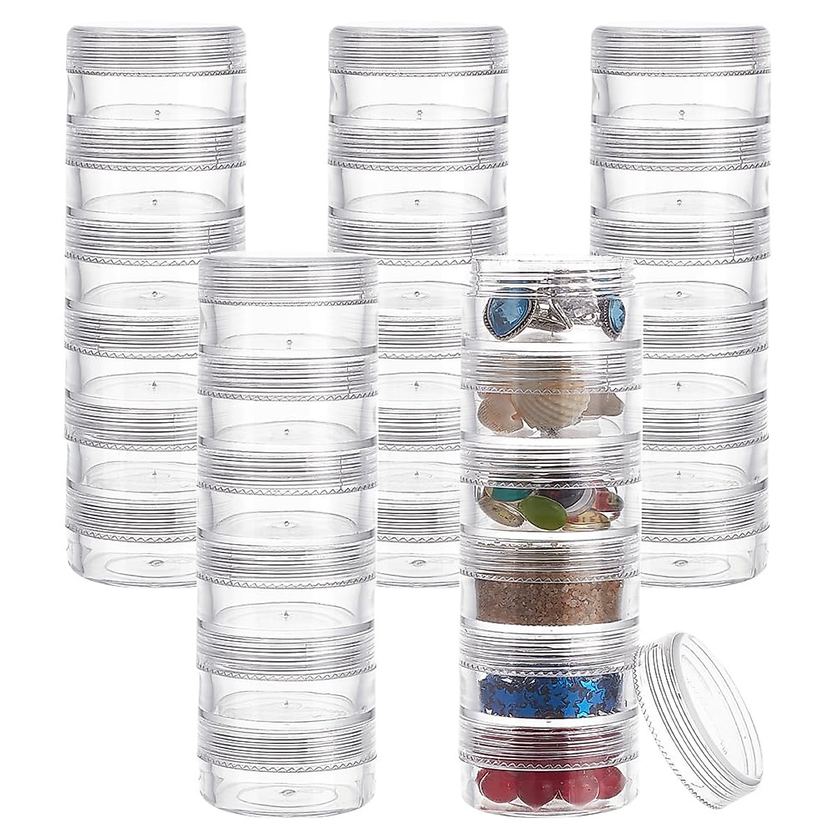 BENECREAT 10G/10ML Stackable Round Plastic Containers 5 Column(6 Layer/Column) Bead Storage Jars for Diamond Drills, Nail Art Glitters, Seed Beads