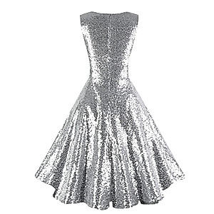 Dressever Women's 50s 60s Vintage Sleeveless Cocktail Party Dress with Pockets Sequins Silver L