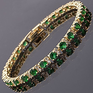 RIZILIA Eternity Tennis Bracelet & Round Cut CZ Simulated Green Emerald in Yellow Gold Plated, 7"