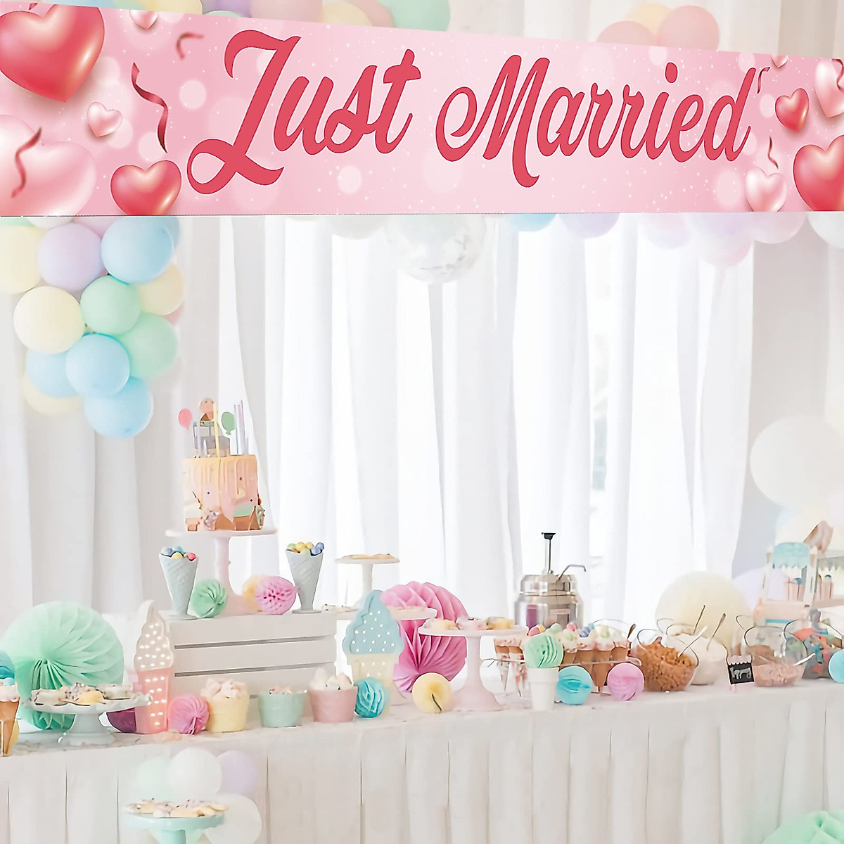 Just Married Large Banner, Wedding, Bridal Shower Porch Sign Lawn Sign, Rustic Wedding Reception Decorations, Indoor Outdoor Backdrop 8.9 x 1.6 Feet