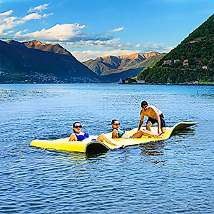 GYMAX Floating Water Pad, 9'/18' x 6' Water Foam Mat with Rolling Pillow, 3-Layer Floating Island for Pool River Lake Beach Ocean Water Activities (Yellow, 9 Feet)