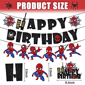 Glittery Spider Hero Birthday Party Banner and Cake Topper Decorations,Red Black Spider Hero Theme Party Decorations Supplies for Kids