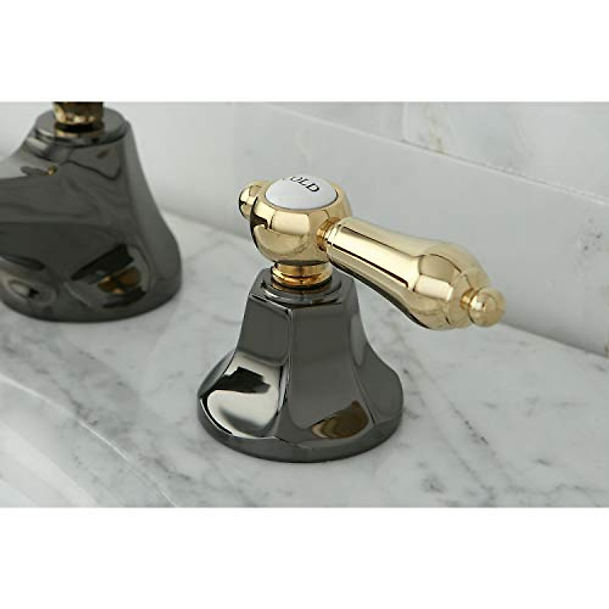Kingston Brass NS4469BAL Water Onyx Widespread Lavatory Faucet with Brass Pop-up Drain, Black Stainless Steel with Polished Brass Trim