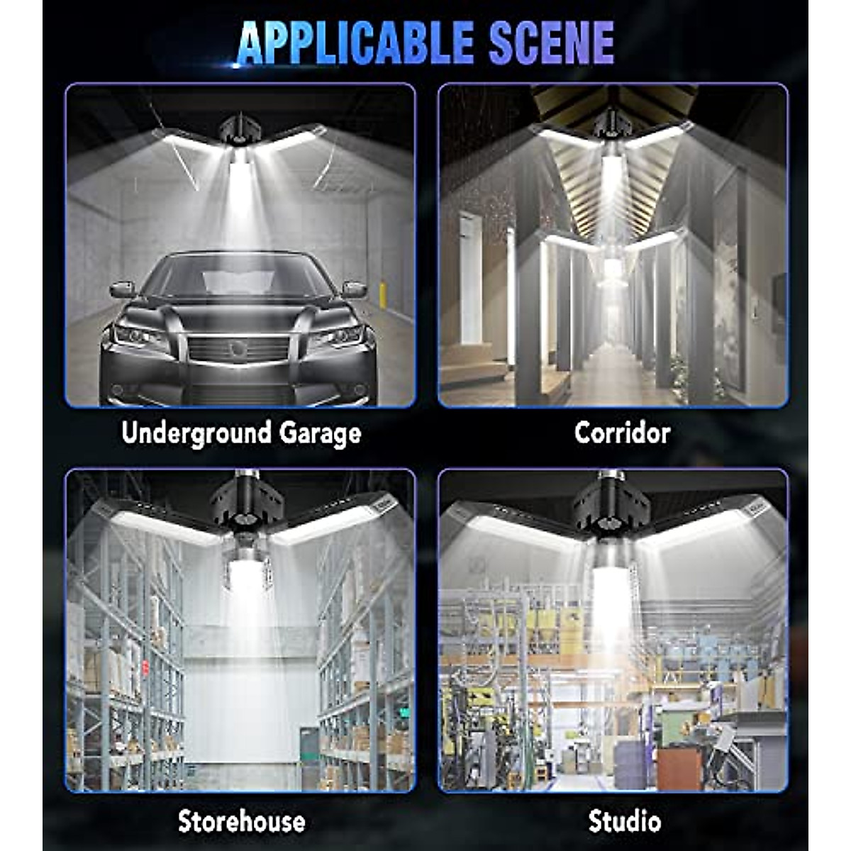 JZCreater LED Garage Lights 2 Pack 60W, Deformable Garage Light 3 Panels Adjustable Lights E26 8000LM LED Shop Light for Warehouse, Workshop, Basement, Attic