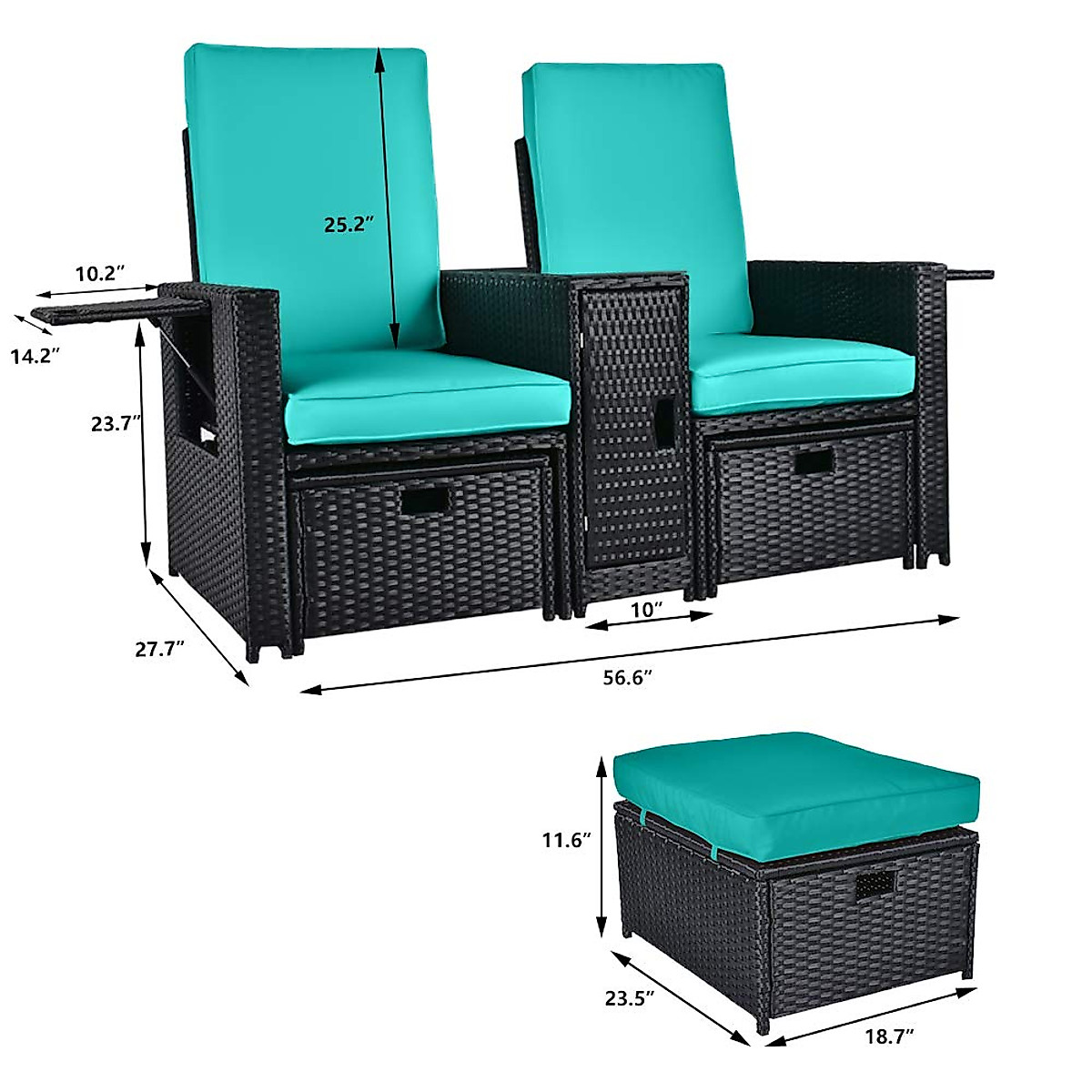 VUYUYU 5PCS Outdoor Wicker Chaise Lounge Chair - Rattan Adjustable Reclining Patio Lounge Chair with Ottoman and Coffee Table, for Patio Beach Pool Backyard (Black Wicker Turquoise Cushion)
