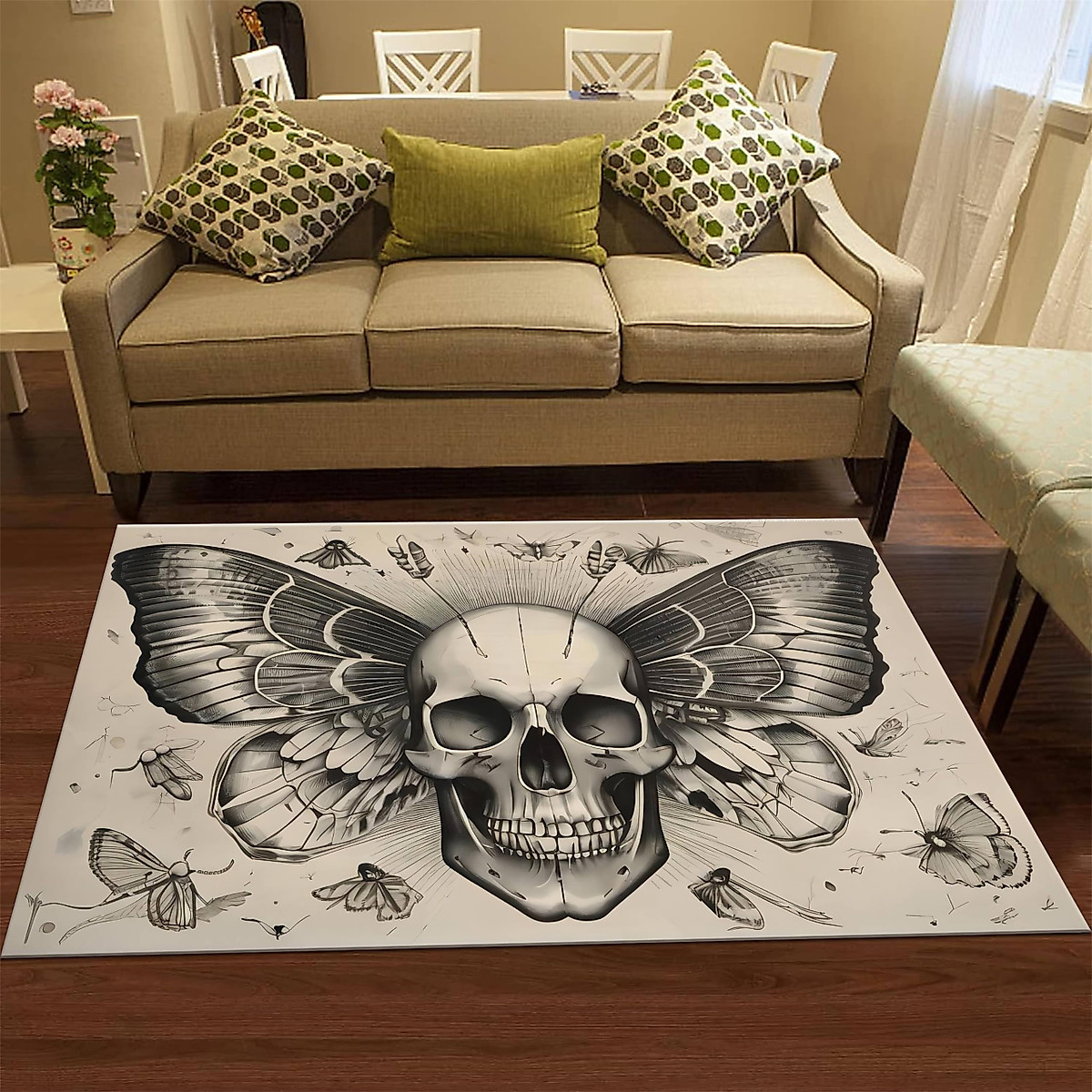 Srocvi Death Moth Area Rug Halloween Spooky Design Carpet with Skulls and Flowers Printed on Wild Animal Moths Butterfly Modern Retro Rustic Gothic Art Aesthetic Rugs for Yoga Room Porch, 3x4ft
