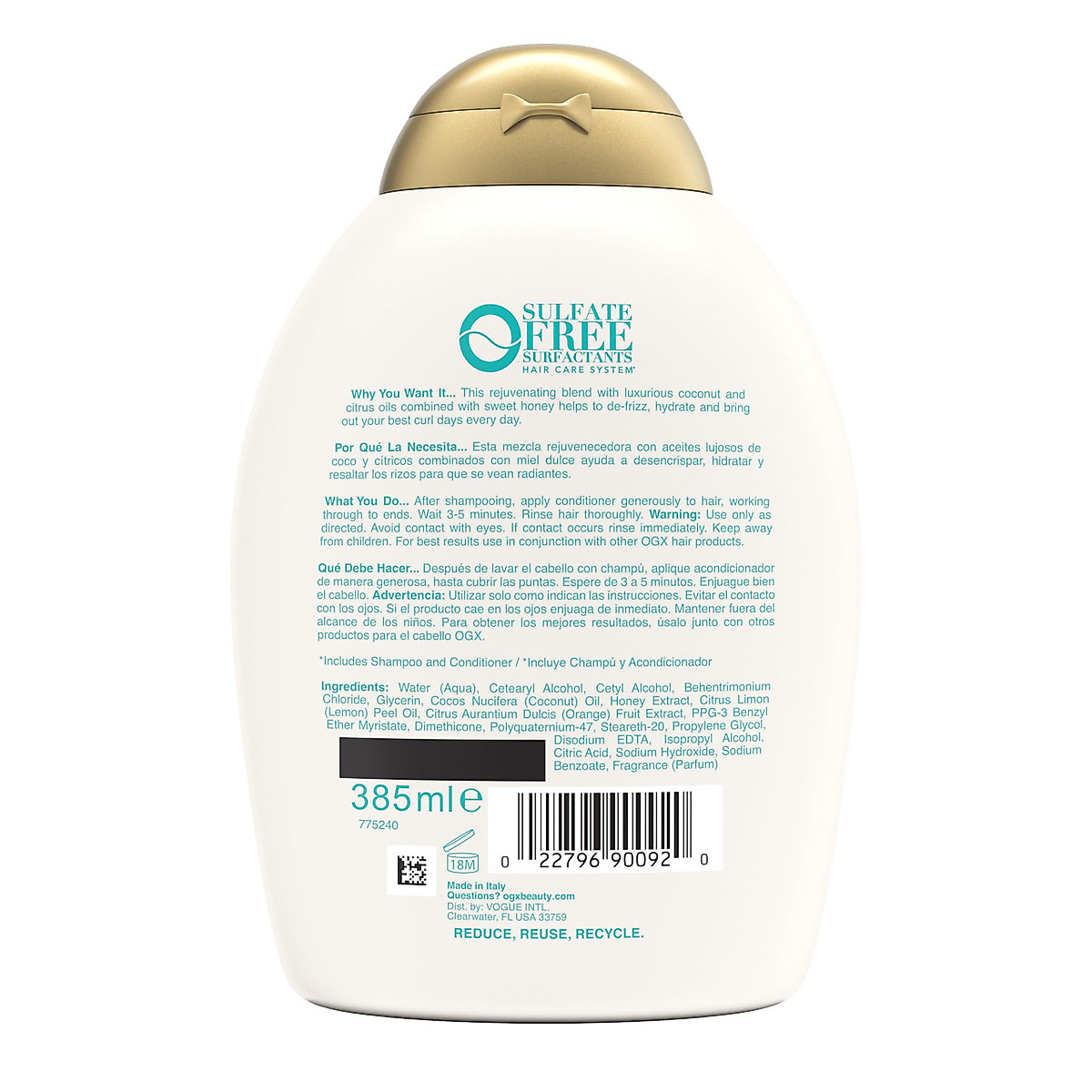 OGX Quenching + Coconut Curls Curl-Defining Conditioner, Nourishing Curly Hair Conditioner with Coconut /Citrus Oil & Honey, Paraben-Free with Sulfate-Free Surfactants, 13oz