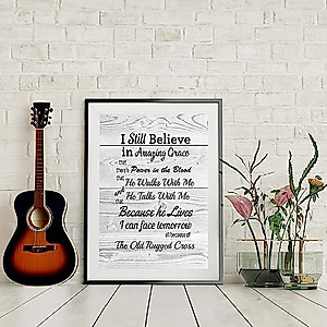 Still Believe, Amazing Grace, Old Rugged Cross - Christian Hymns Wall Art w/Distressed Wood Design, Church Song Lyric Wall Decor Print For Home Decor, Office Decor, Cabin, Lake House, Unframed - 8x10