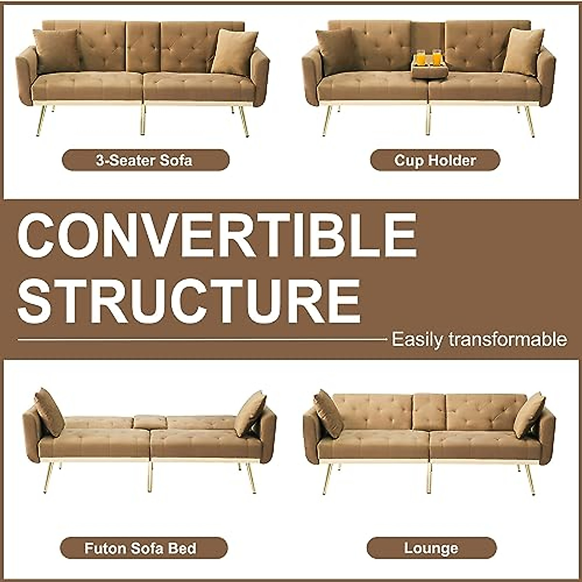 FREESNOOZE 72.4'' Convertible Velvet Sleeper Sofa Bed Loveseat Futon Couch w/2 Cupholders, Metal Legs, 2 Pillows for Home, Office, Guest Room, Apartment-Brown