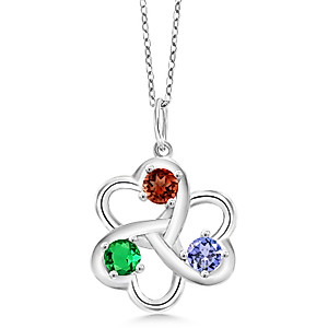 Gem Stone King 925 Sterling Silver 4MM Round Gemstone Birthstone 3 Hearts Interlock Pendant Necklace For Women with 18 Inch Silver Chain